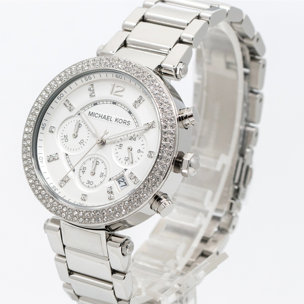 【Michael Kors】公司貨 Parker 純淨優雅晶鑽三眼計時不鏽鋼腕錶/銀x白面 (MK5353) - PChome 24h購物